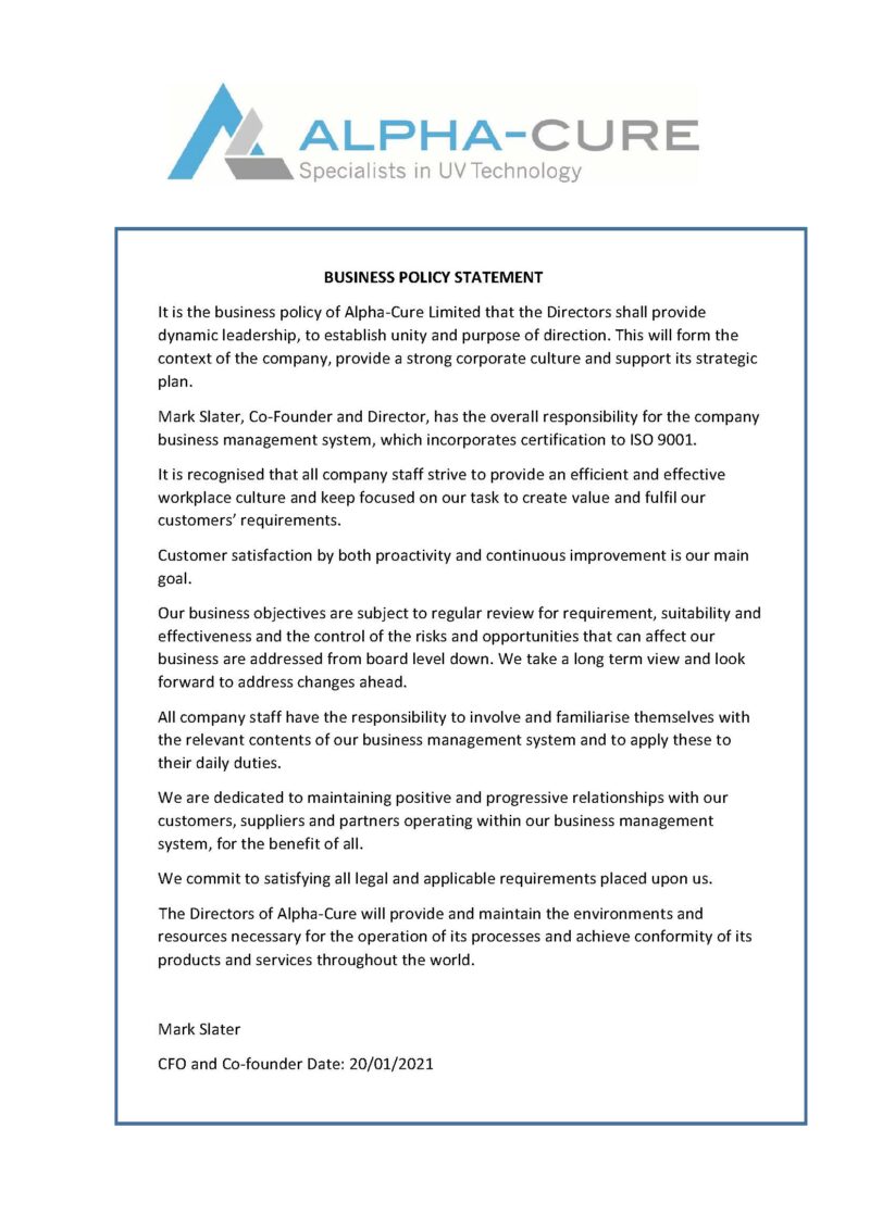 BUSINESS POLICY STATEMENT - Alpha Cure