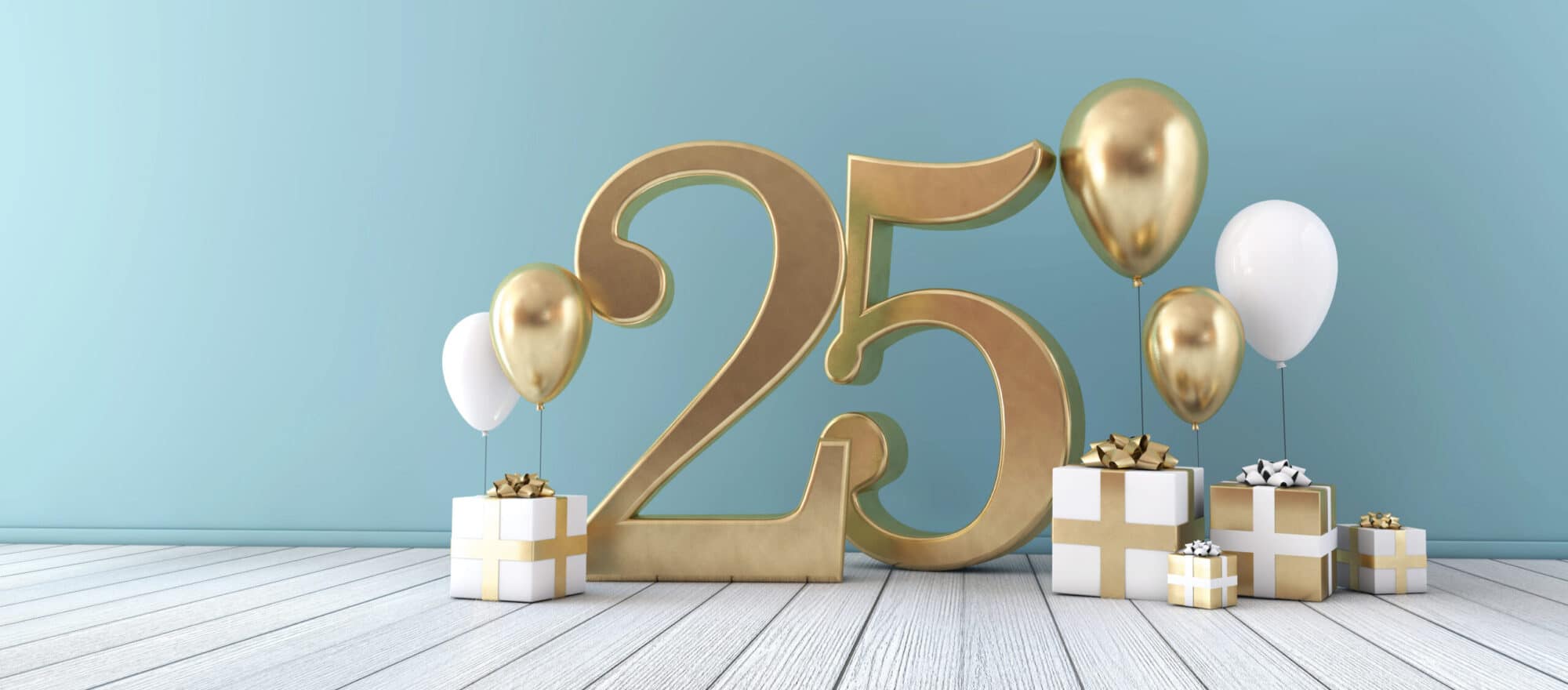 Number 25 party celebration room with gold and white balloons and gift ...